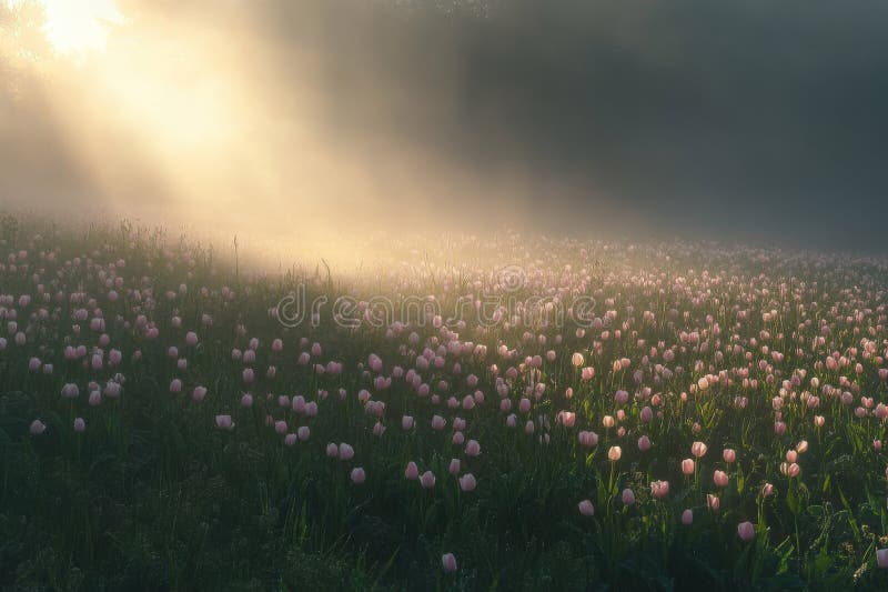 Pink Tulips Framed by an Orange Sunrise and a Misty Background Stock ...