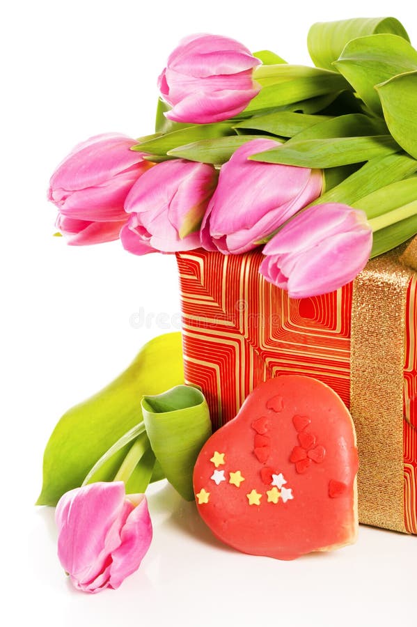 Pink tulips and gift box stock image. Image of holiday - 23440671
