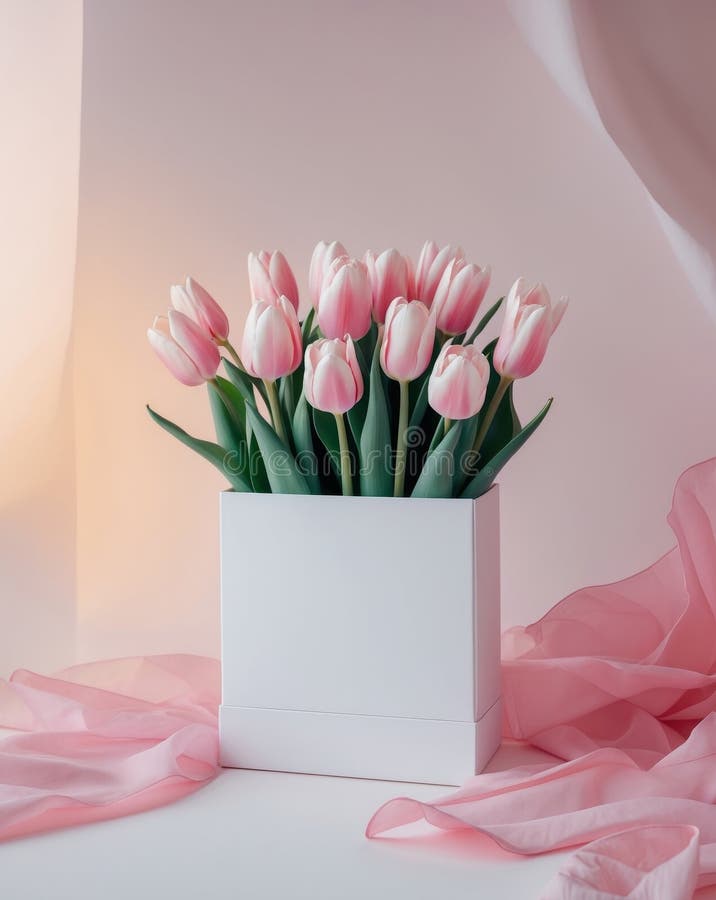 Pink Tulips Gift Box on Pink Background. Stock Image - Image of pink ...
