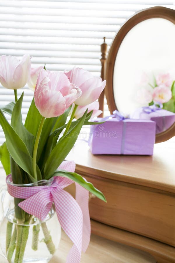 Tulips with Gift Box and Paper Stock Image - Image of floral, holiday ...