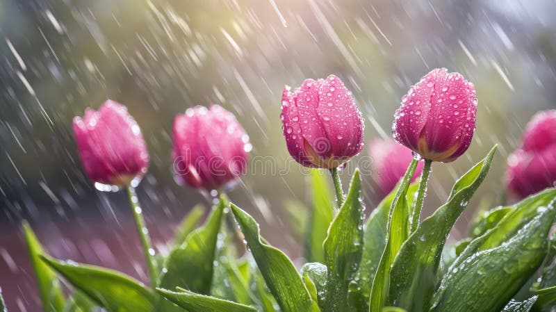 Pink Tulips Glistening with Rain Droplets Stock Illustration - Illustration of botanical, tulips ...