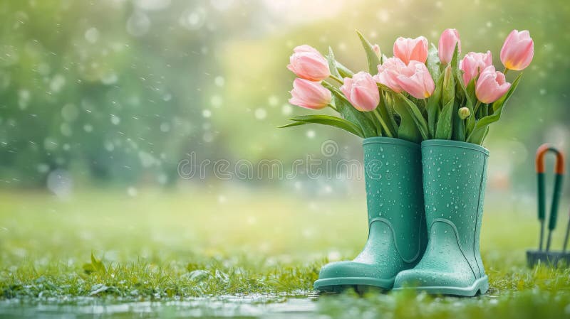 Pink Tulips in Green Rain Boots Spring Rain Stock Illustration ...
