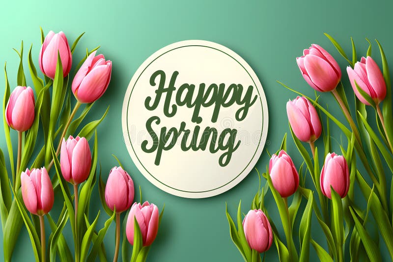 Pink Tulips with Happy Spring Message Stock Illustration - Illustration ...