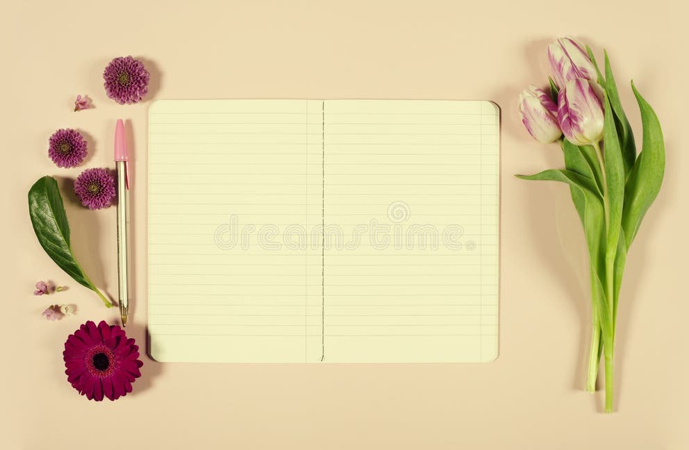 Pink tulips and notebook stock photo. Image of postcard - 87532586