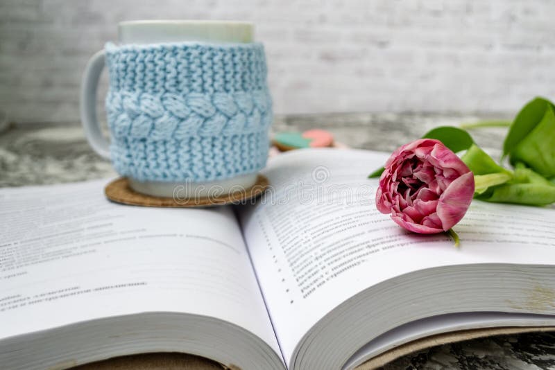 Pink Tulips, an Open Book and a Mug of Freshly Brewed Coffee or Tea ...