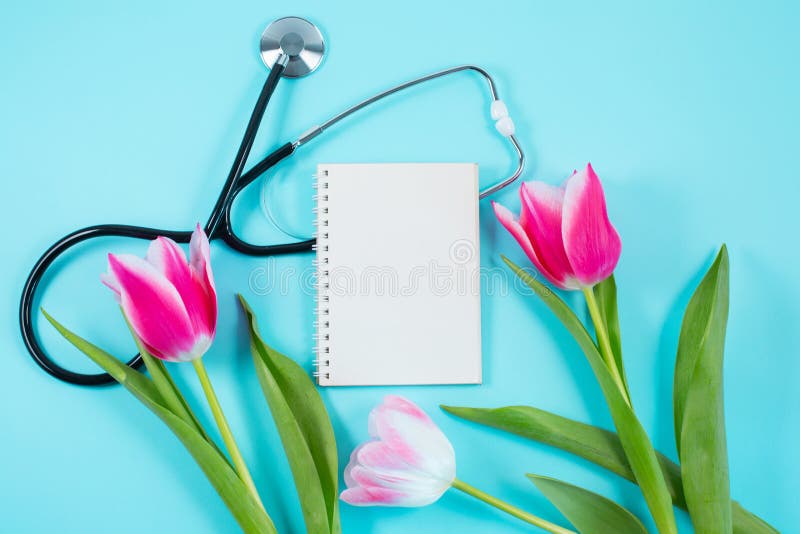 Pink Tulips and Stethoscope with Spiral Notepad with Happy Doctors Day ...