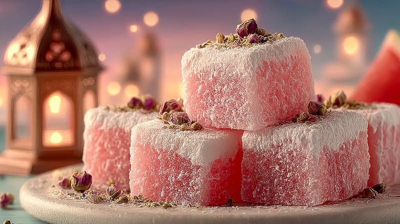 Pink Turkish Delights with Mint Leaves and Rose Petals on Reflective ...