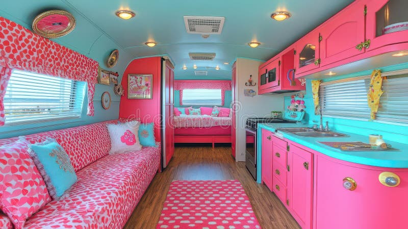 Pink & Turquoise Retro Trailer Interior Stock Photo - Image of decor ...
