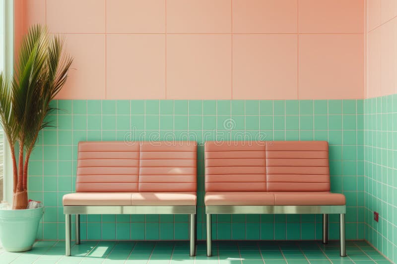 Pink and Turquoise Tiled Walls and a Bench in Front of a Potted Plant ...