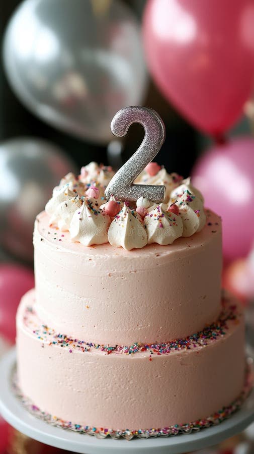 Pink Two-tiered Birthday Cake with Sprinkles and Balloons for Second ...