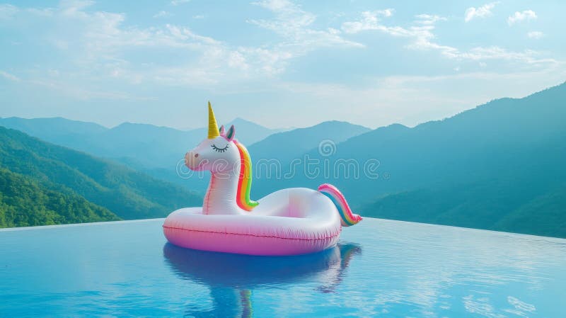 Pink Unicorn Inflatable Pool Float in Mountaintop Infinity Pool Stock ...