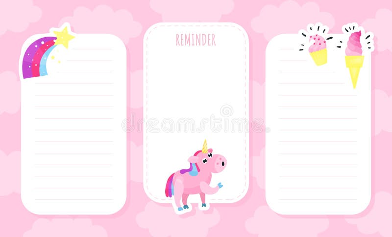 Pink Unicorn Note and Reminder Card Design Vector Template Stock Vector ...