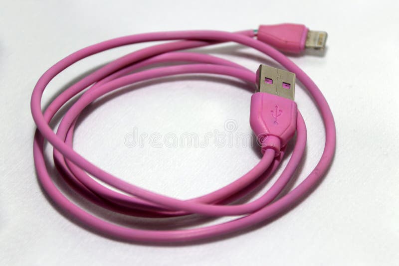 Pink Used USB Plug with Cable on the White Background. Stock Photo ...