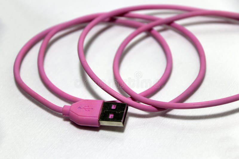 Pink Used USB Plug with Cable on the White Background. Stock Photo ...