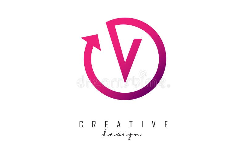 Pink V Letter Logo Design with Circle Frame and Arrow Stock Vector ...