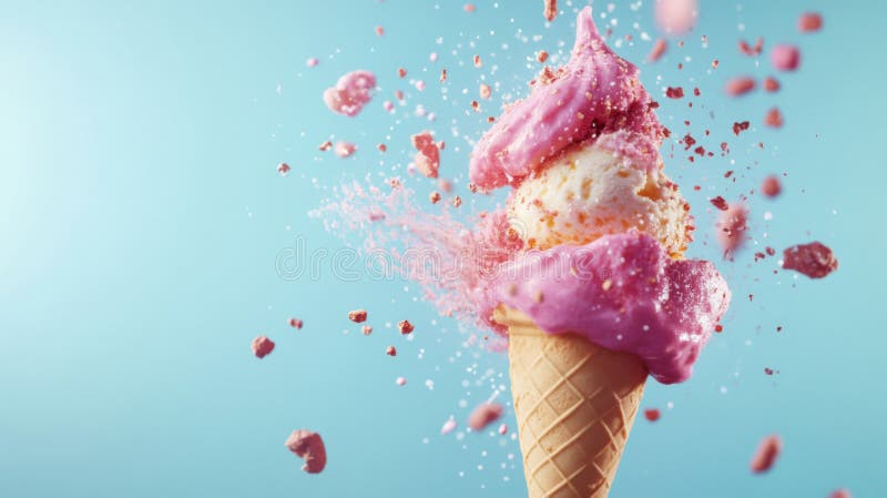 Pink and Vanilla Ice Cream Explosion on Blue Background Stock ...