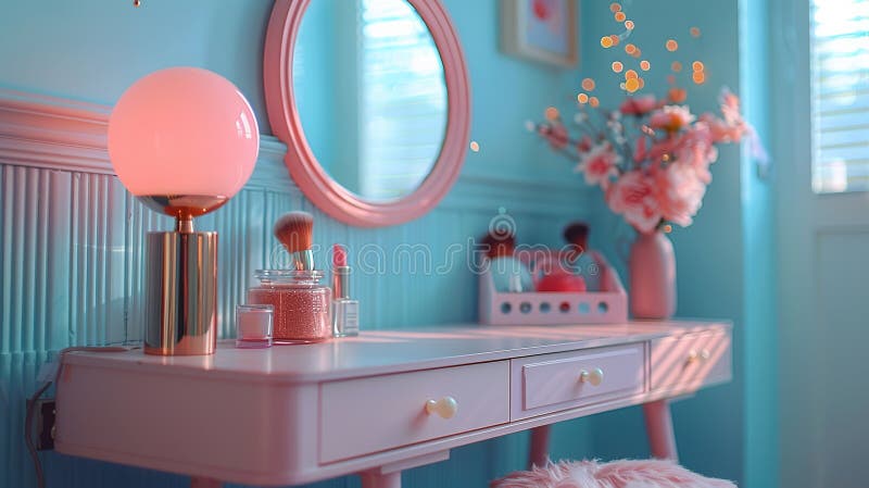 Pink Vanity Table with Mirror, Lamp, and Makeup Brushes in a Room with ...