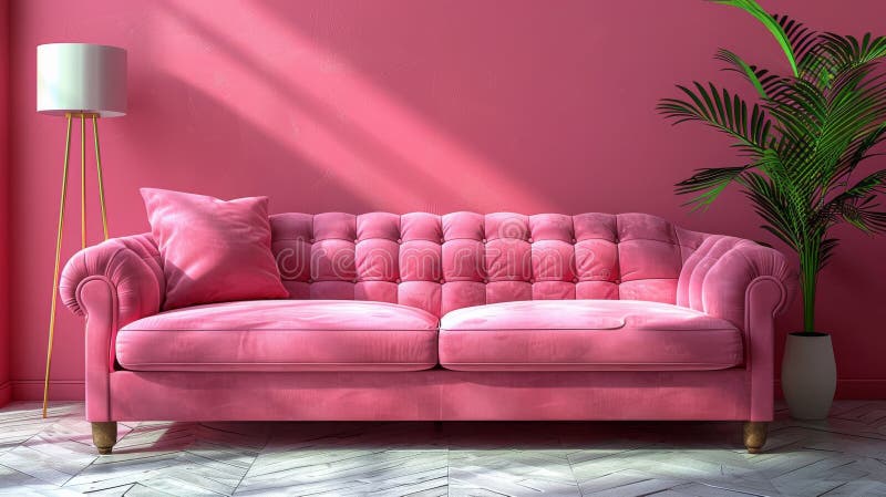 Pink Velvet Sofa in Modern Living Room Stock Photo - Image of potted ...