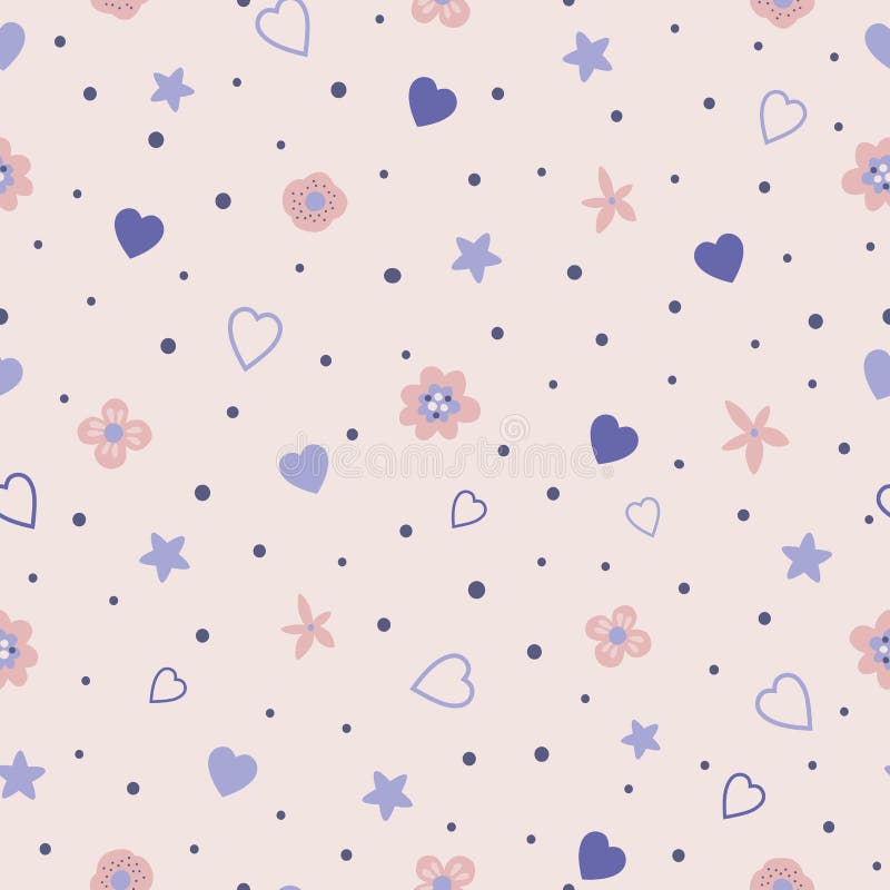 Pink and Very Peri Floral Pattern with Hearts. Cute Tiny Flowers, Polka ...