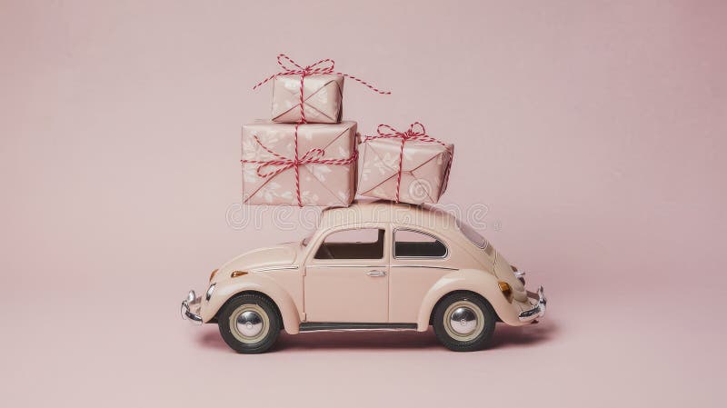 Pink Vintage Beetle Toy Car with Stacked Gift Boxes on Top Stock ...