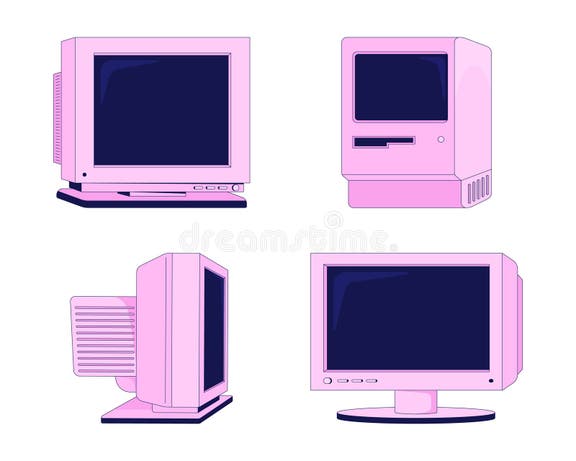 Pink Vintage Computers and CRT Monitors 2D Cartoon Objects Set Stock ...