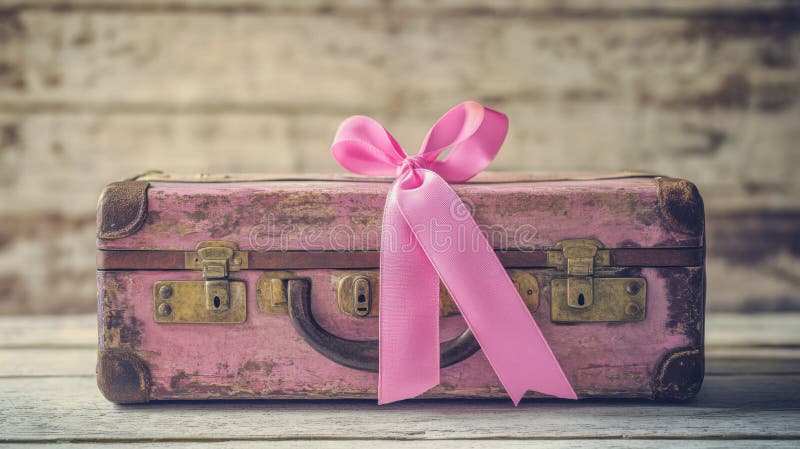 Pink Vintage Suitcase with a Pink Ribbon Bow Stock Illustration ...