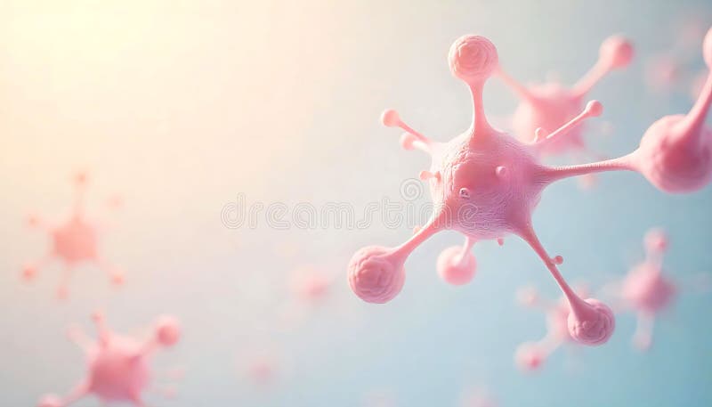 Pink Virus Cells Floating in a Light Blue Space with a Bright Light ...
