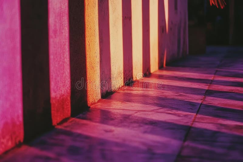 Pink Wall Casts Long Shadows on Tile Floor, Golden Hour Sunlight ...