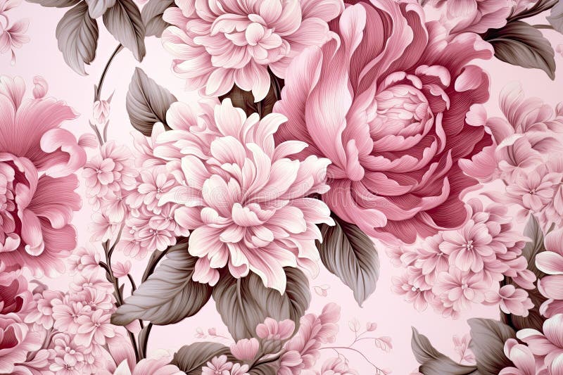 Pink Wallpaper Design with Floral Pattern and Realistic Flowers Stock ...
