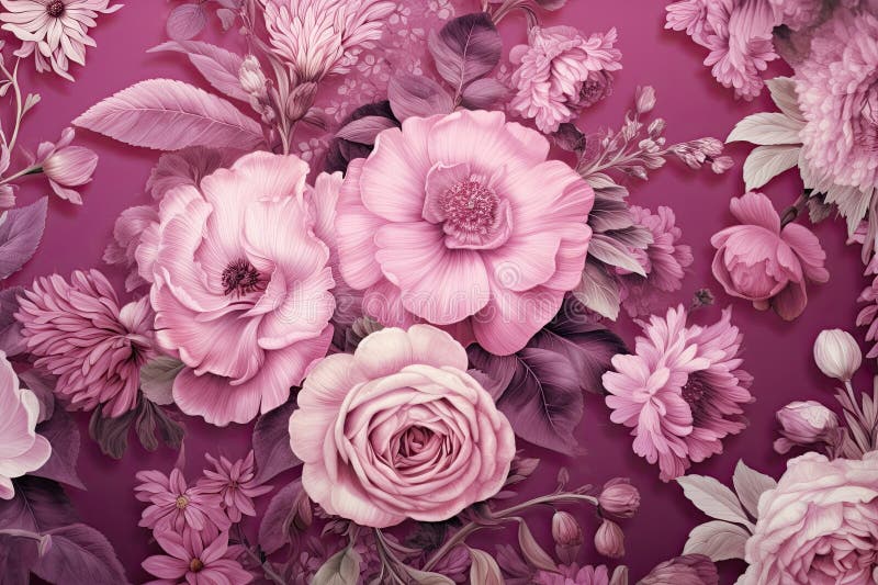Pink Wallpaper Design with Floral Pattern and Realistic Flowers Stock ...