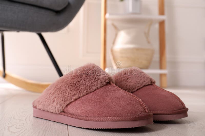 Pink Warm Slippers on Floor in Room Stock Image - Image of shoes, shoe ...