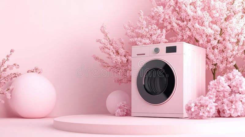 Pink Washing Machine Surrounded by Cherry Blossoms in a Pastel Setting ...