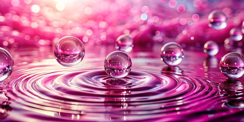 Pink Water Bubbles on the Surface Ripples. Defocus Blurred Transparent ...
