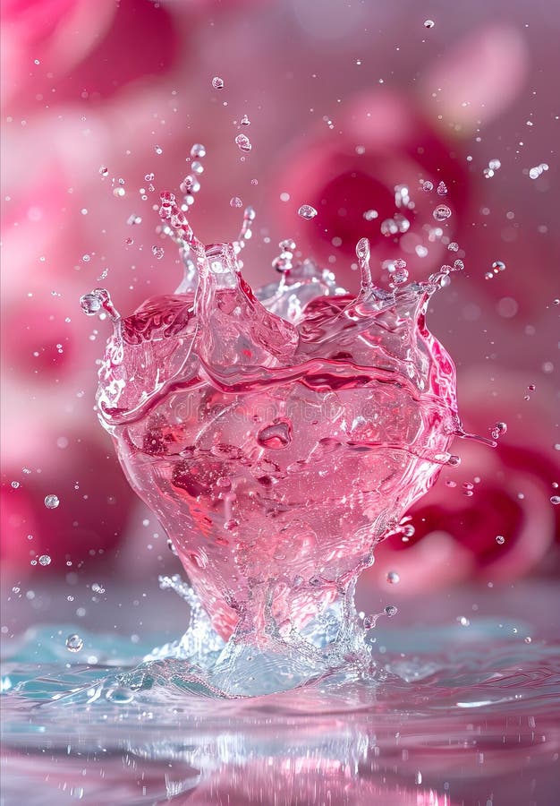 A Pink Water Drop Splashing on a Surface with Pink Flowers Stock Photo ...