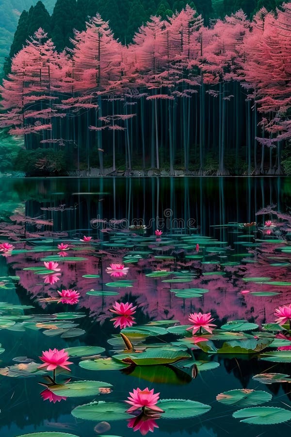 Pink Water Lilies in a Lake with Trees Stock Image - Image of aquatic ...