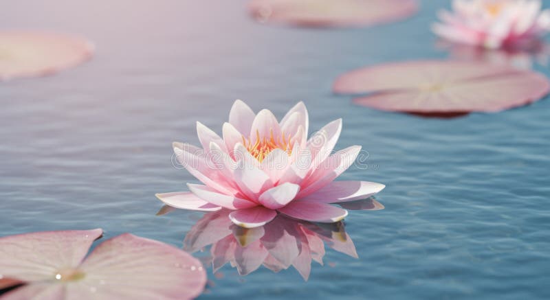Pink Water Lily Floating on Calm Blue Water Stock Illustration - Illustration of reflection ...