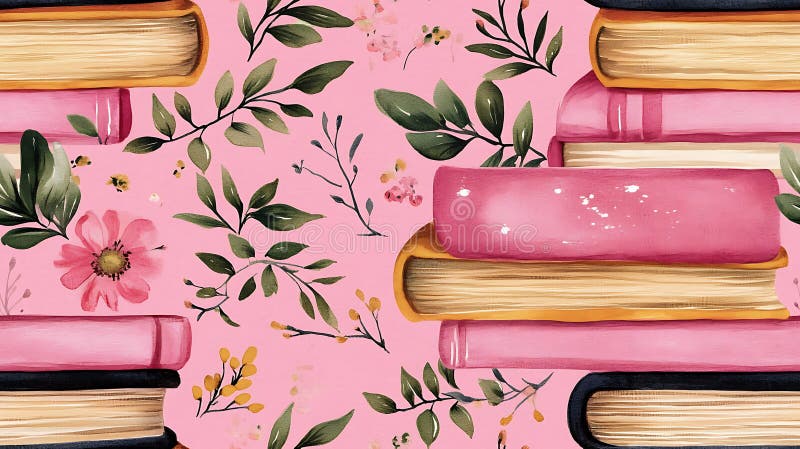 Pink Watercolor Books and Flowers Seamless Pattern Stock Illustration ...