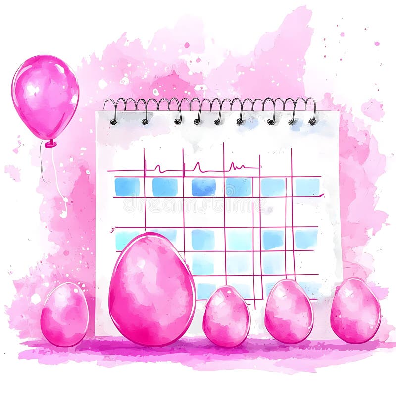 Pink Watercolor Calendar with Balloons and Eggs Stock Illustration ...