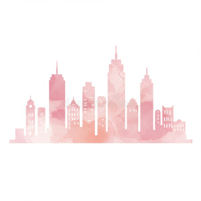 Pink Watercolor City Skyline Illustration Stock Illustration ...