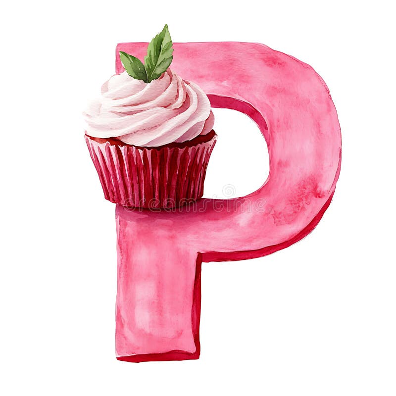 Pink Watercolor Letter P with Cupcake Stock Illustration - Illustration ...