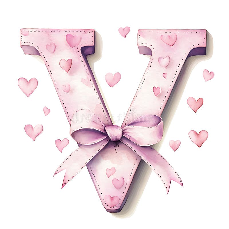 Pink Watercolor Letter V with Hearts and Bow Stock Illustration ...