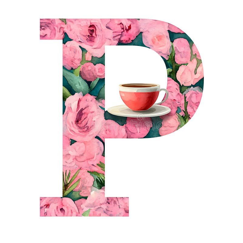 Pink Watercolor Roses Letter P with Tea Cup Stock Illustration ...