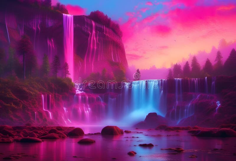 Pink Waterfall and Trees in the Background of Purple Sky with Lights ...