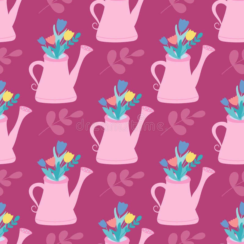 Pink Watering Can with Flowers, Plants. Vector Seamless Pattern in Flat ...