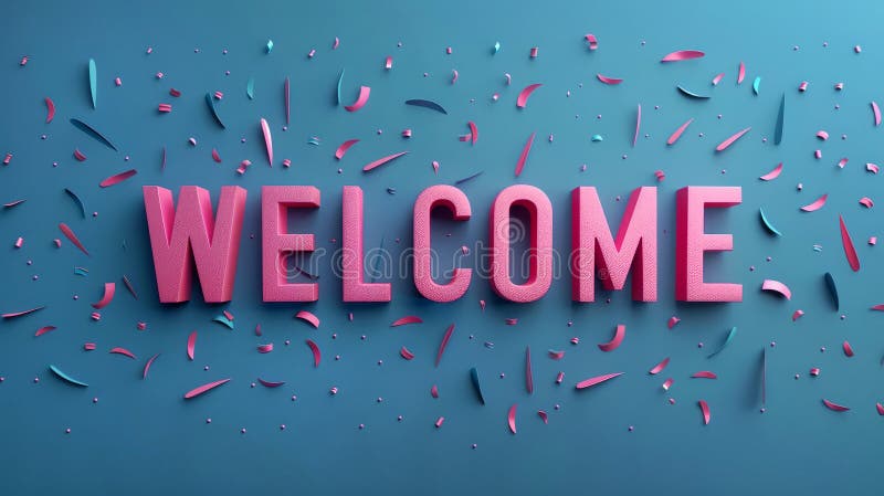 Pink Welcome Text with Confetti on Blue Backdrop, Message Stock Photo ...