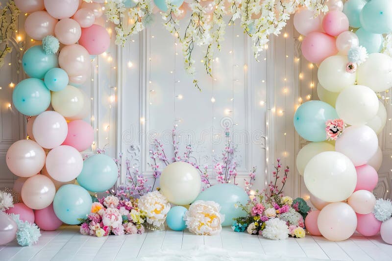 A Pink and White Balloon Arch with Flowers and Lights Stock Photo ...