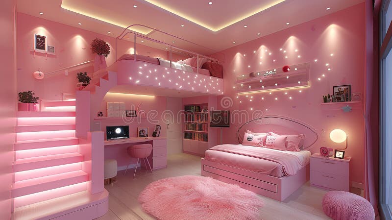 A Pink and White Bedroom with a Loft Bed, a Desk, and a Fluffy Rug ...