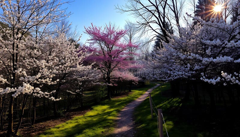 Pink and White Blossoms Spring Pathway Sunlit Trees Nature Scene Stock ...