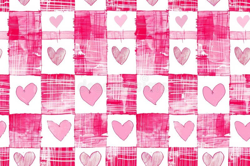 Pink and White Checkered Pattern with Hearts, Seamless Repeating ...