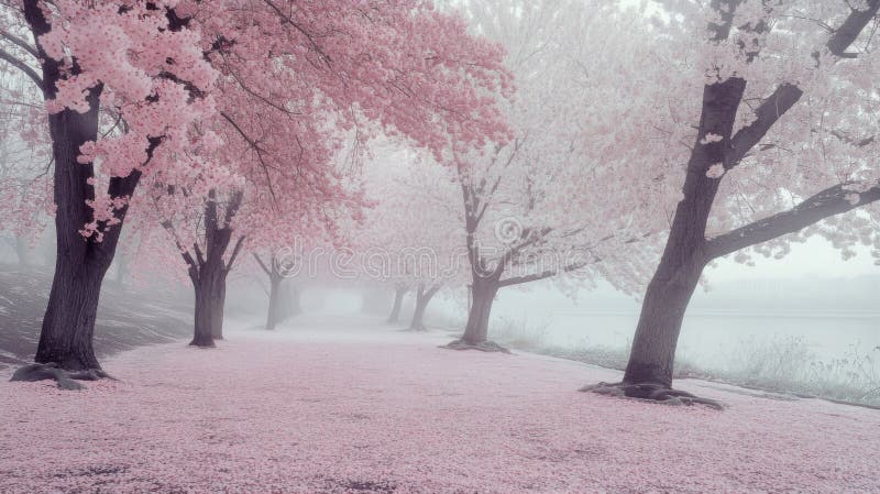 Pink and White Cherry Blossom Trees in Misty Park Stock Illustration ...